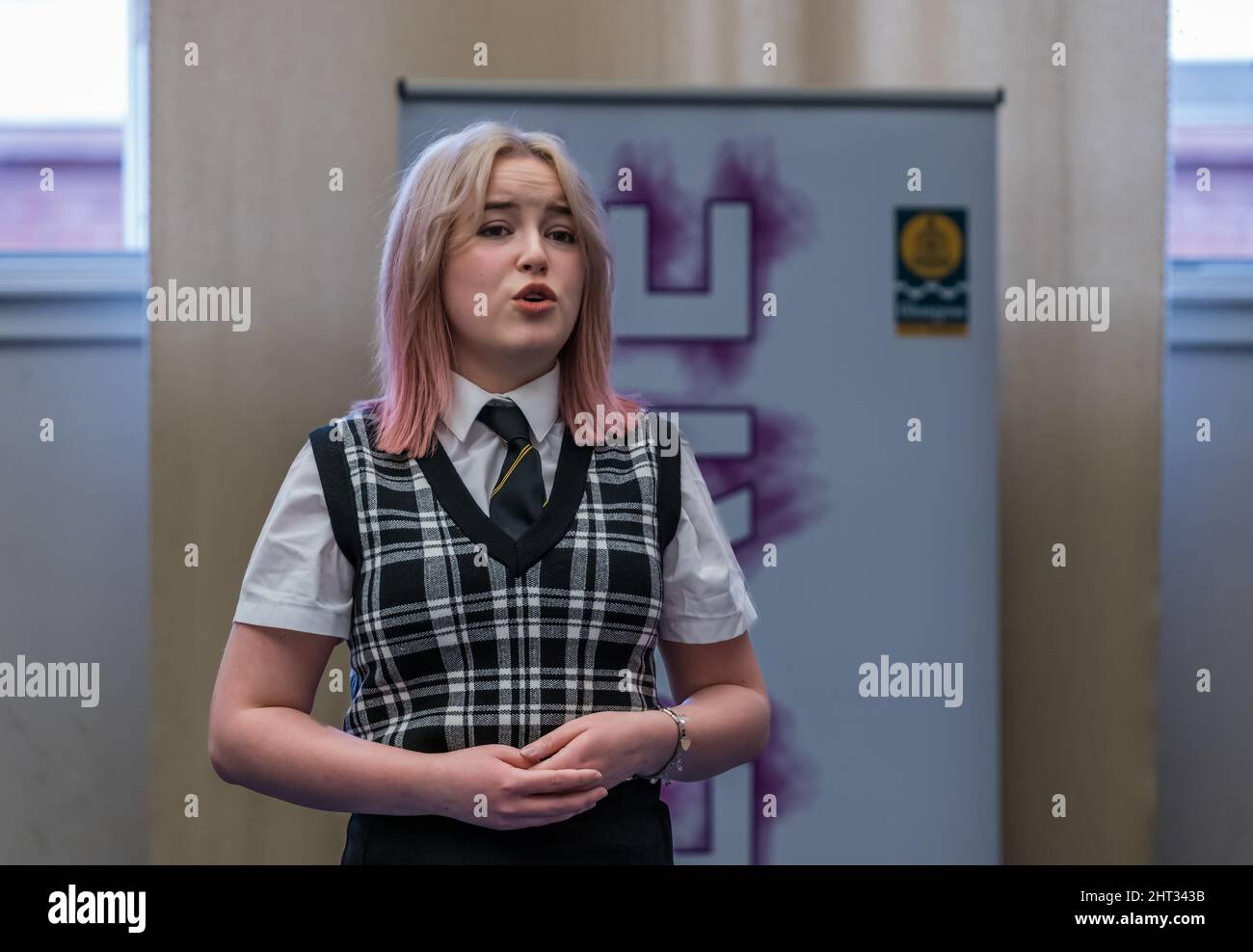 Teenage schoolgirl singing performing at Scottish Young Musician music ...