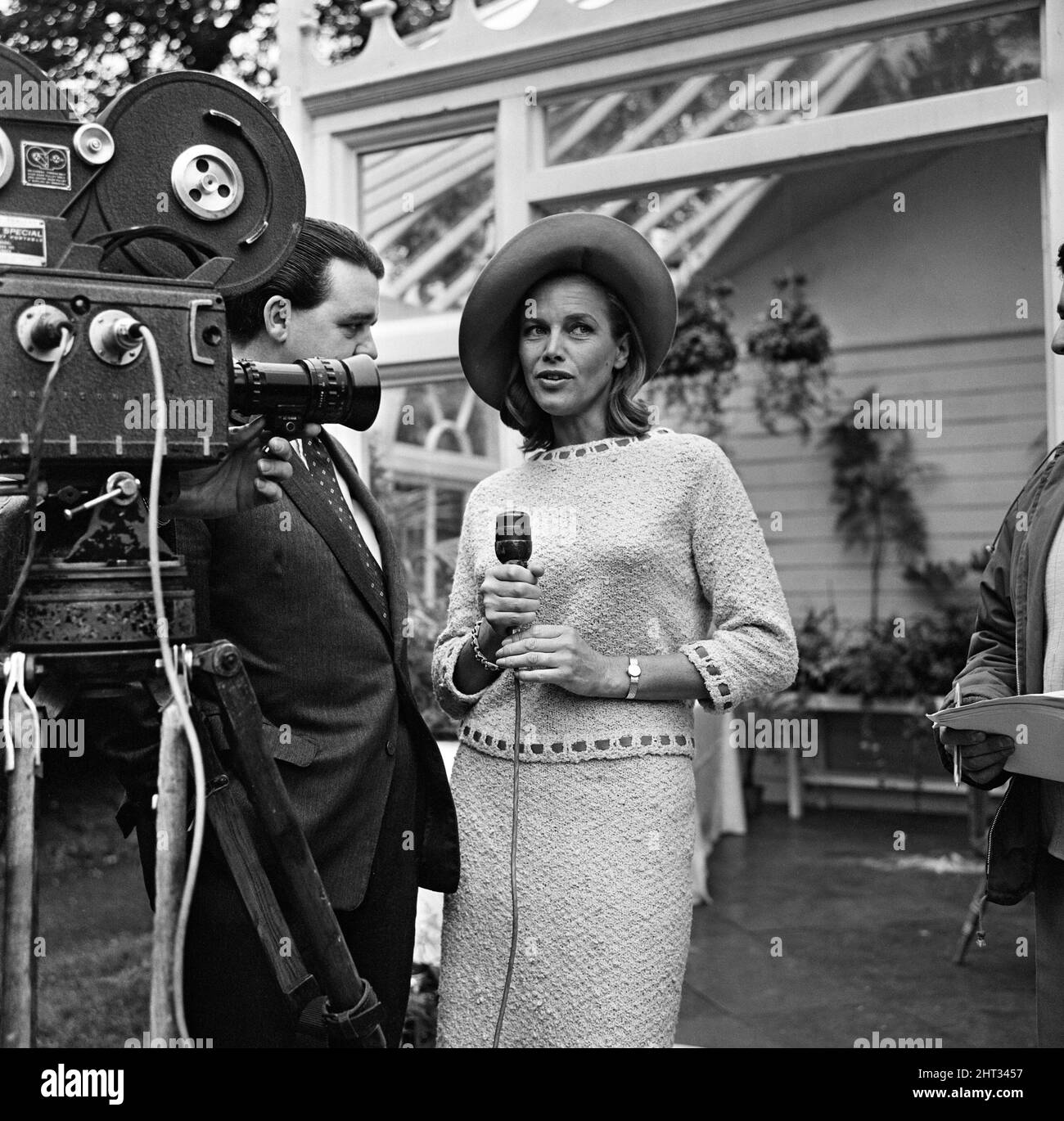 Actress Honor Blackman in her garden party outfit during the filming of ...