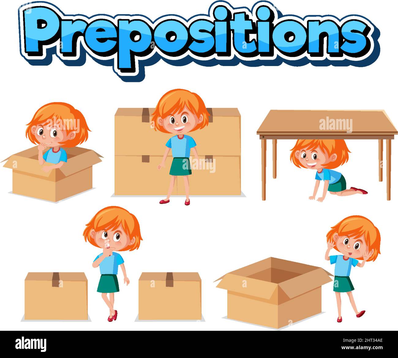 Preposition wordcard with girl and boxes illustration Stock Vector ...