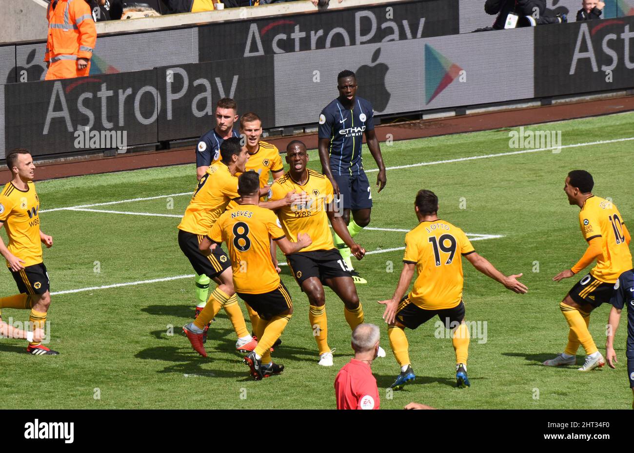 Footballer Willy Boly celebrates his goal for Wolves. Wolverhampton ...