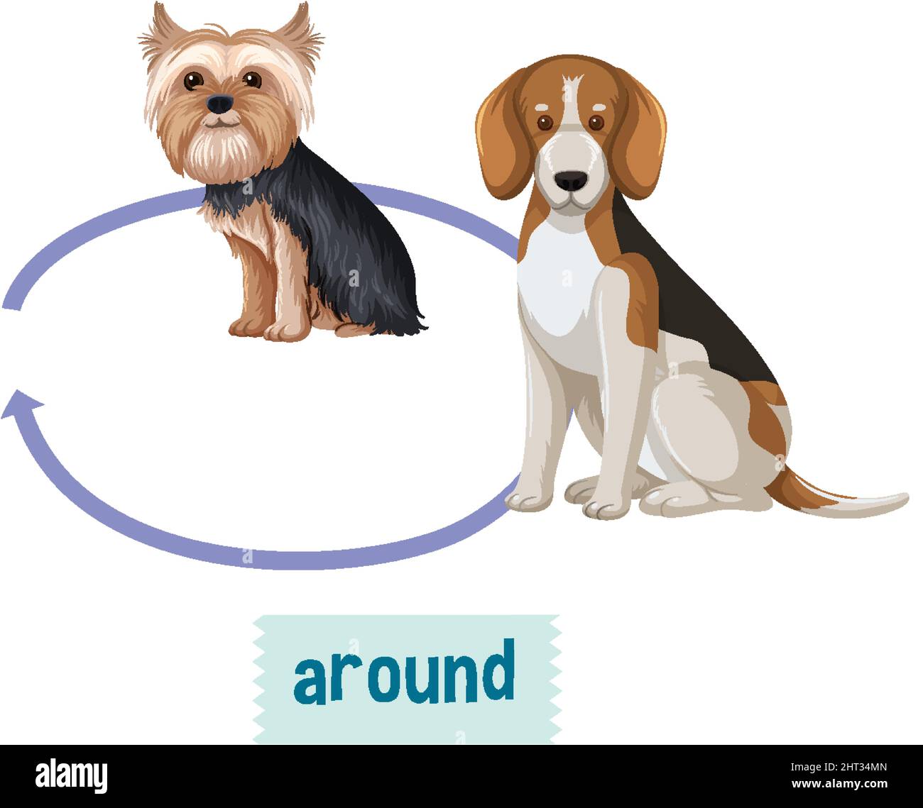 Preposition wordcard design with dogs and word around illustration ...