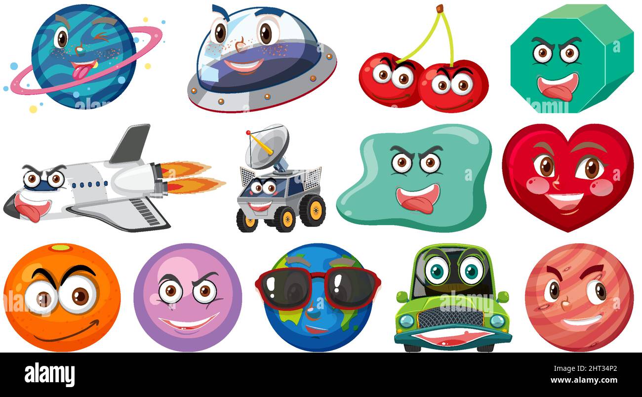 Set of different toy objects with smiley faces illustration Stock ...