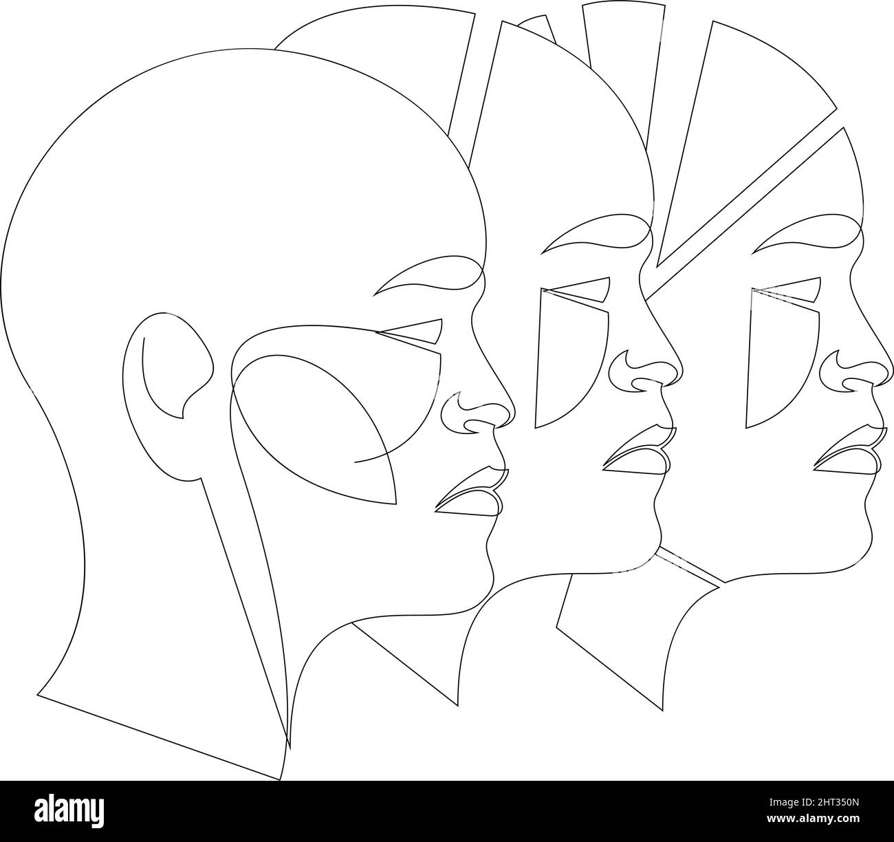 Head cracks and breaks into fragments line drawing. Silhouette human ...