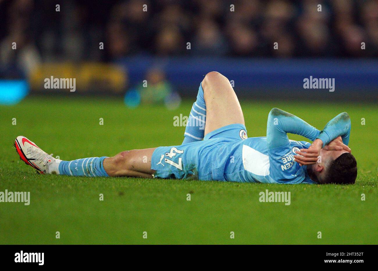 Manchester City's Phil Foden appears injured during the Premier League ...
