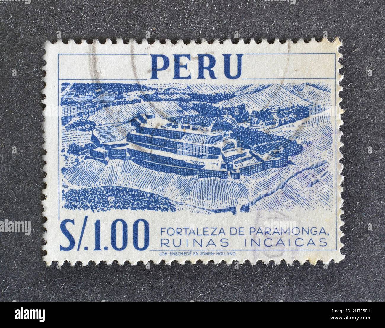 Cancelled postage stamp printed by Peru, that shows Inka-Fortress at ...