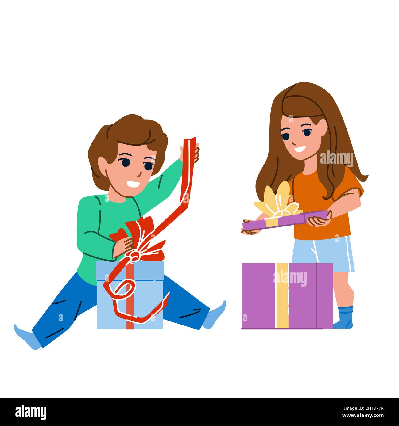 Boy And Girl Children Opening Gift Boxes Vector Stock Vector Image ...