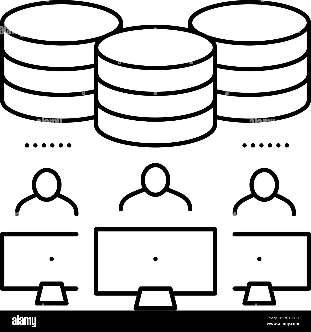 team working at computers digital processing line icon vector ...