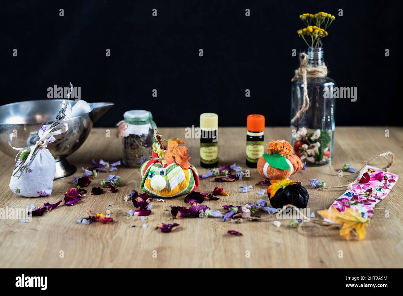 View of Muskrat Musk Perfume bottles, handmade tools on a wooden table ...