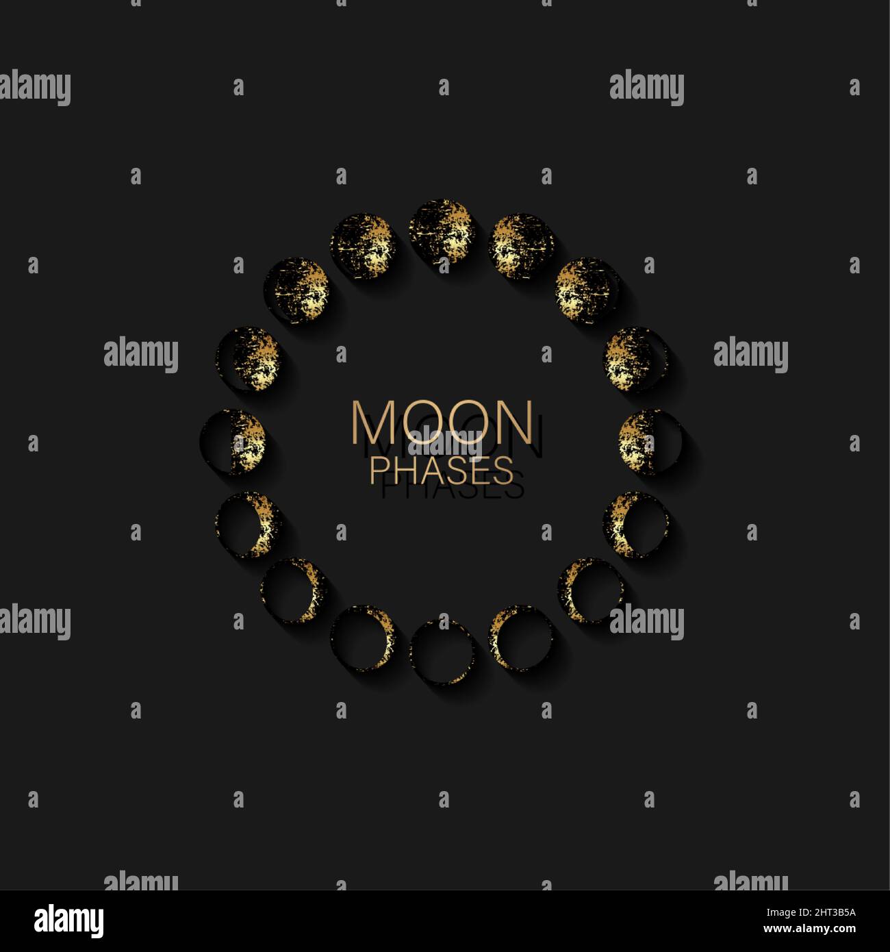 Moon phases astronomy icon set in gold foil round frame lunar cycle ...
