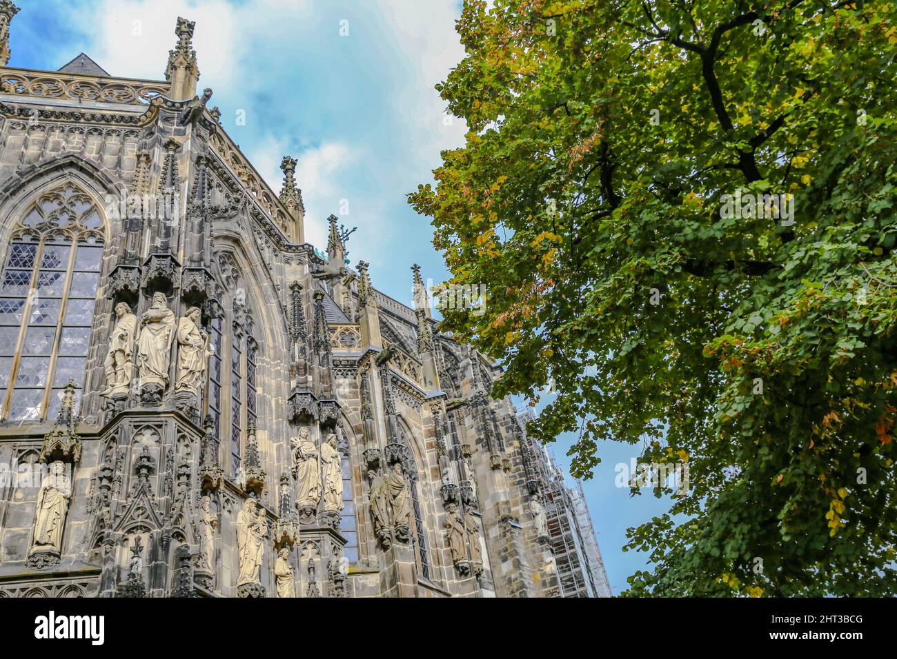 Beautiful facade of the antique Aachen cathedral on the sunny morning ...