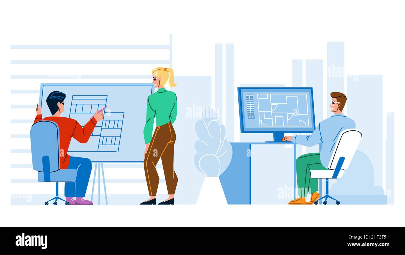 Architect Man And Woman Work At Workspace Vector Stock Vector Image ...