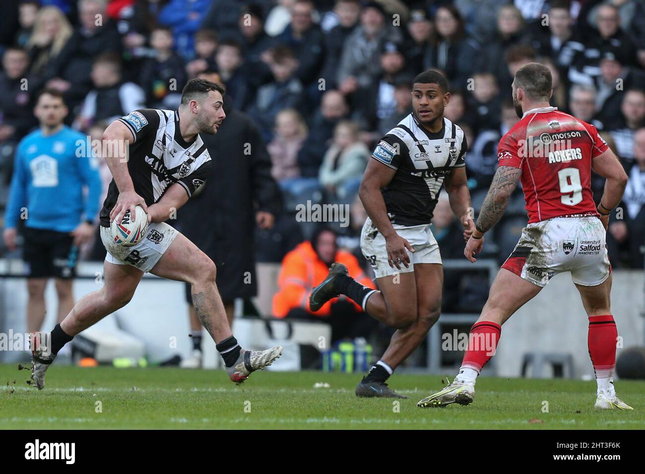 Jake Connor #1 of Hull FC looks to pass to Joe Lovodua #14 of Hull FC ...