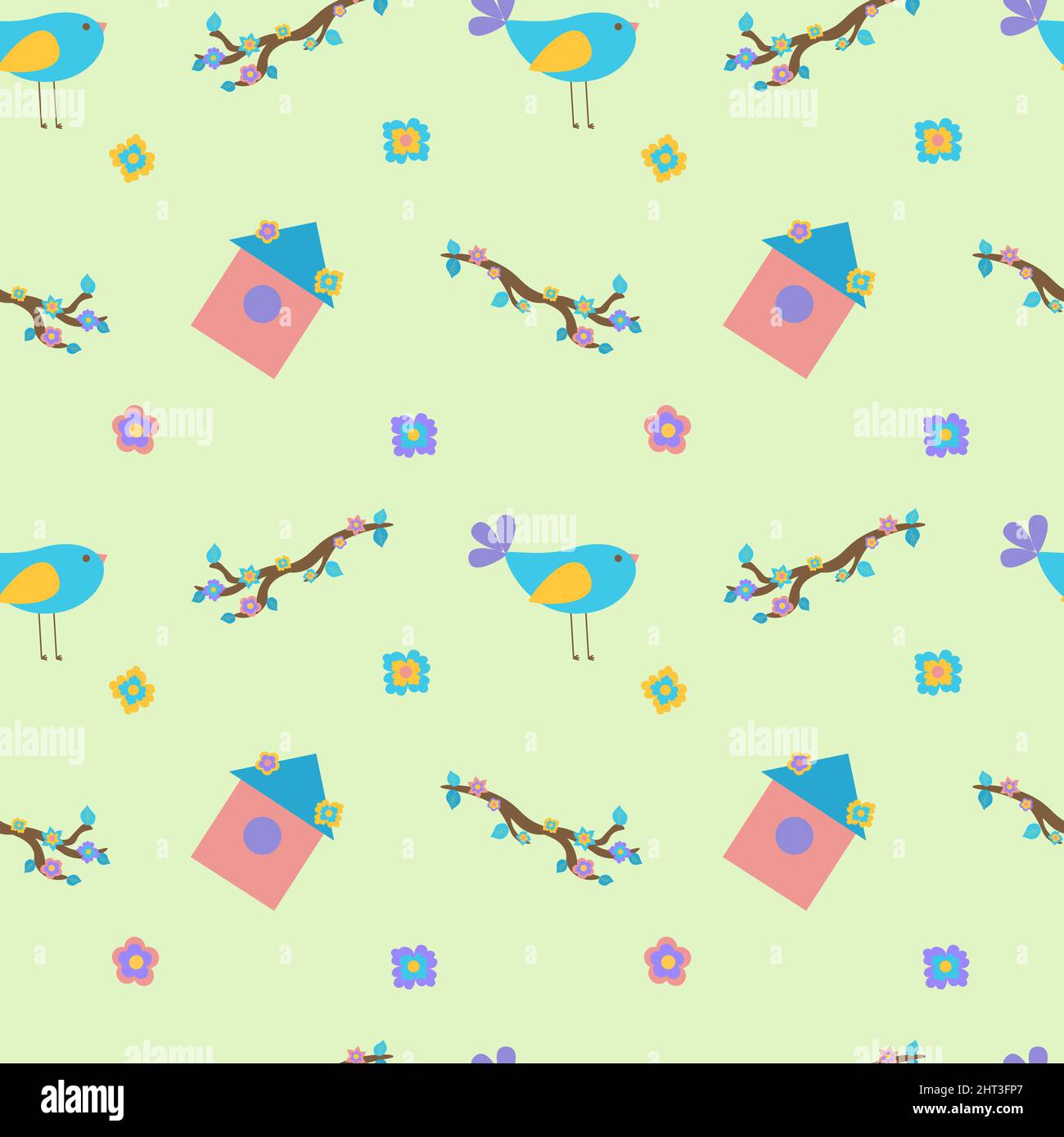 Seamless spring illustration with bird, flowers and birdhouse. For ...