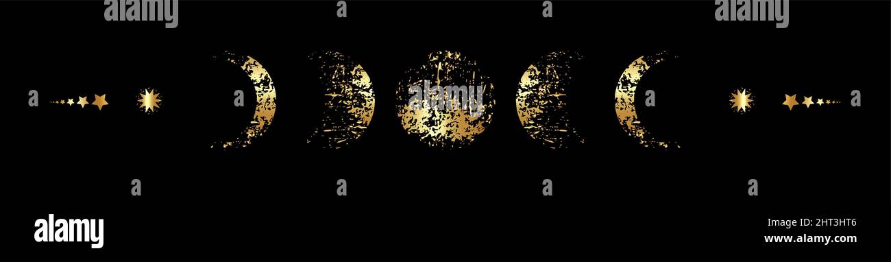 Moon Phases border frame in gold foil texture, wicca banner sign ...