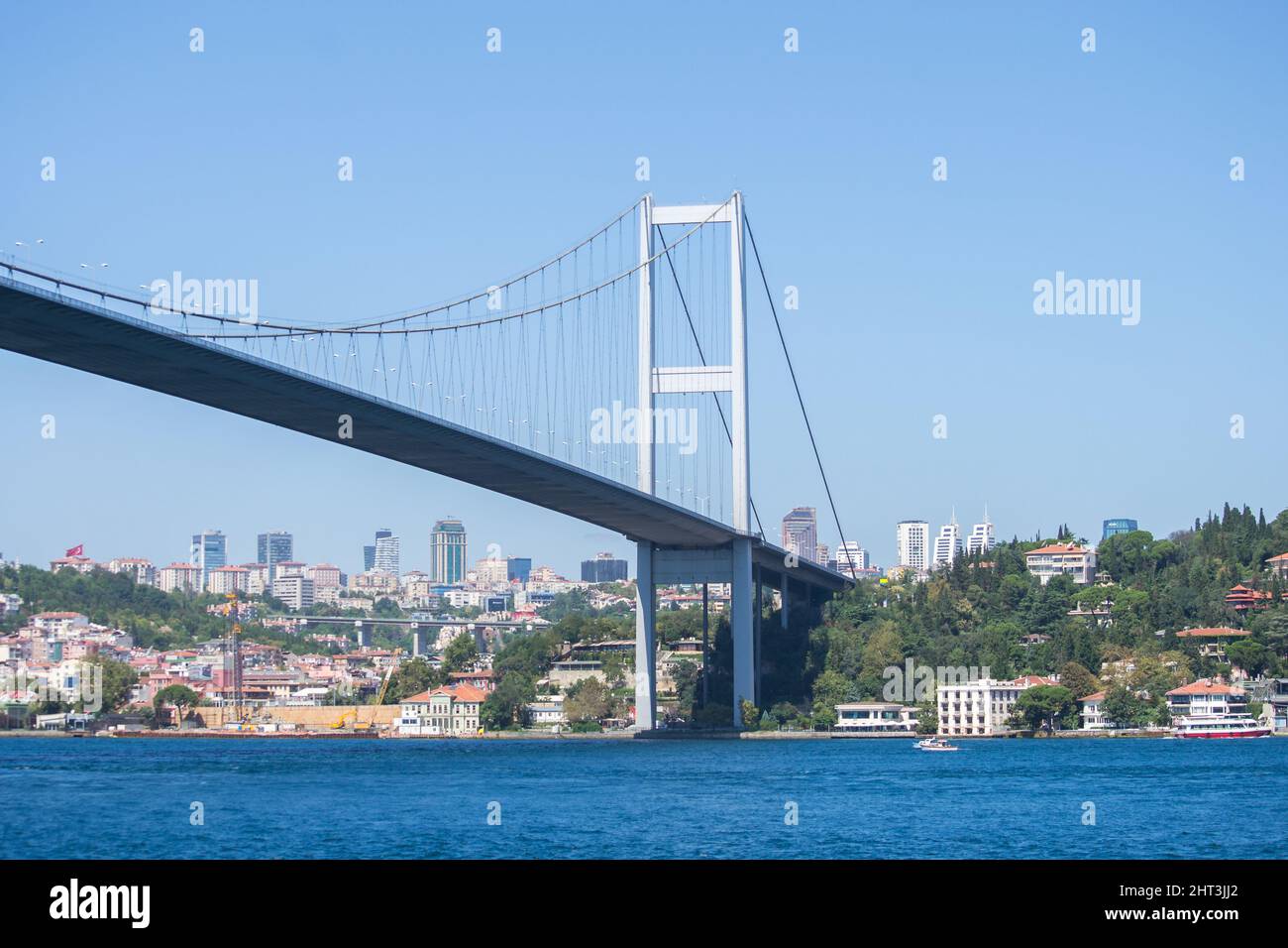 Amazing view of the Bosphorus Bridge over the blue water of the strait ...