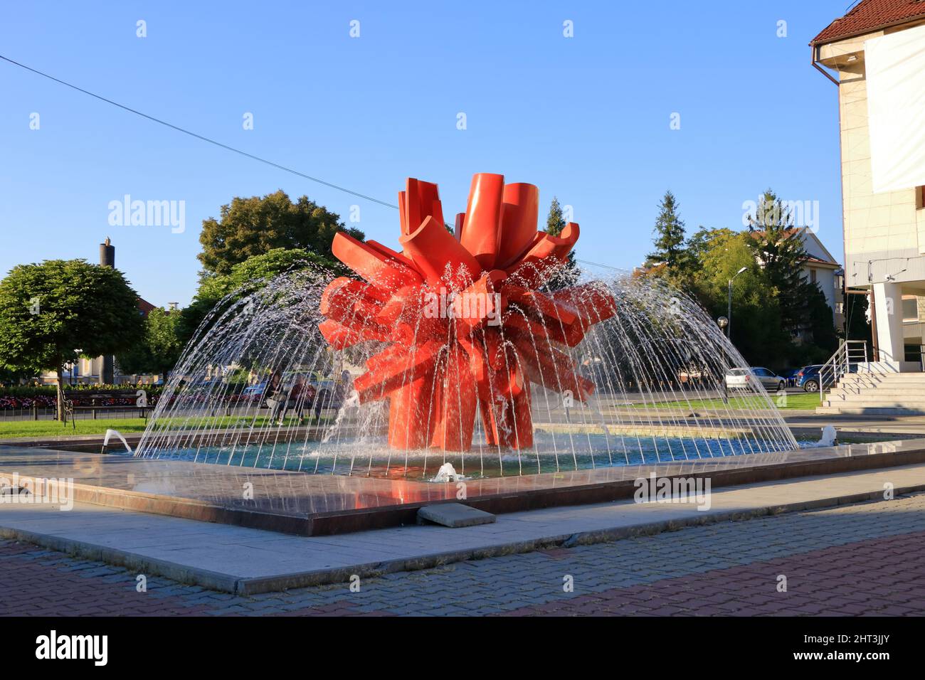 Peaceful scenery with fountain 'Transylvania flower' in Bistrita ...