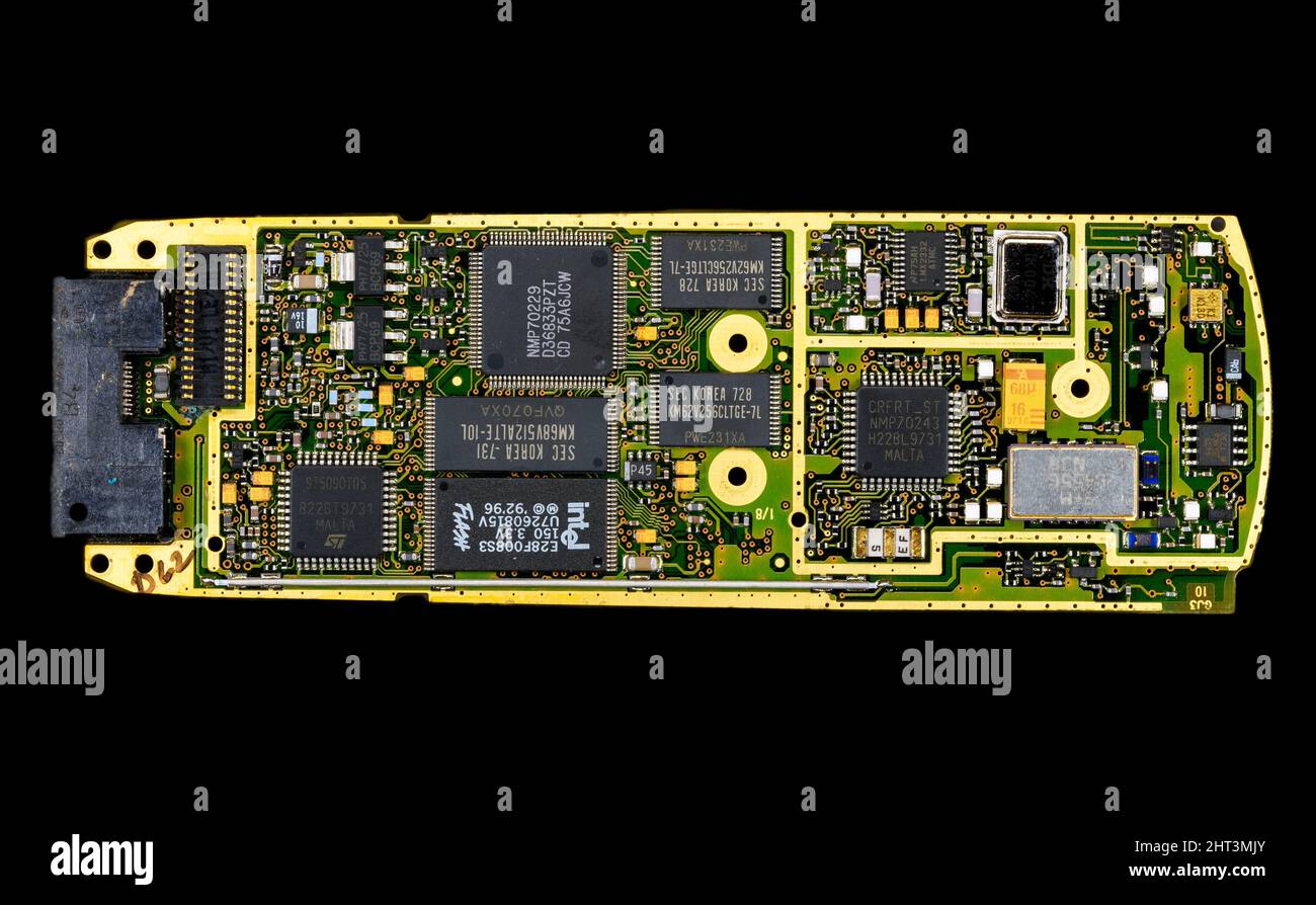 The main printed circuit board (top side) of a Nokia NHE-8 mobile phone ...