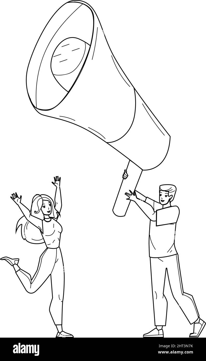 Public Alert Man And Woman At Loudspeaker Vector Stock Vector Image ...