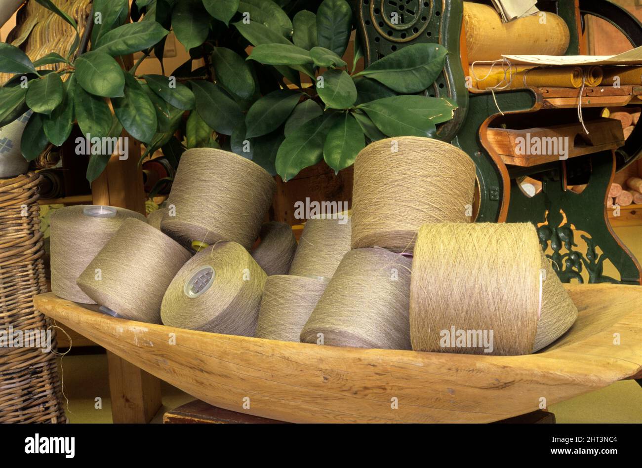 Linen yarn rolls in troughs Stock Photo - Alamy