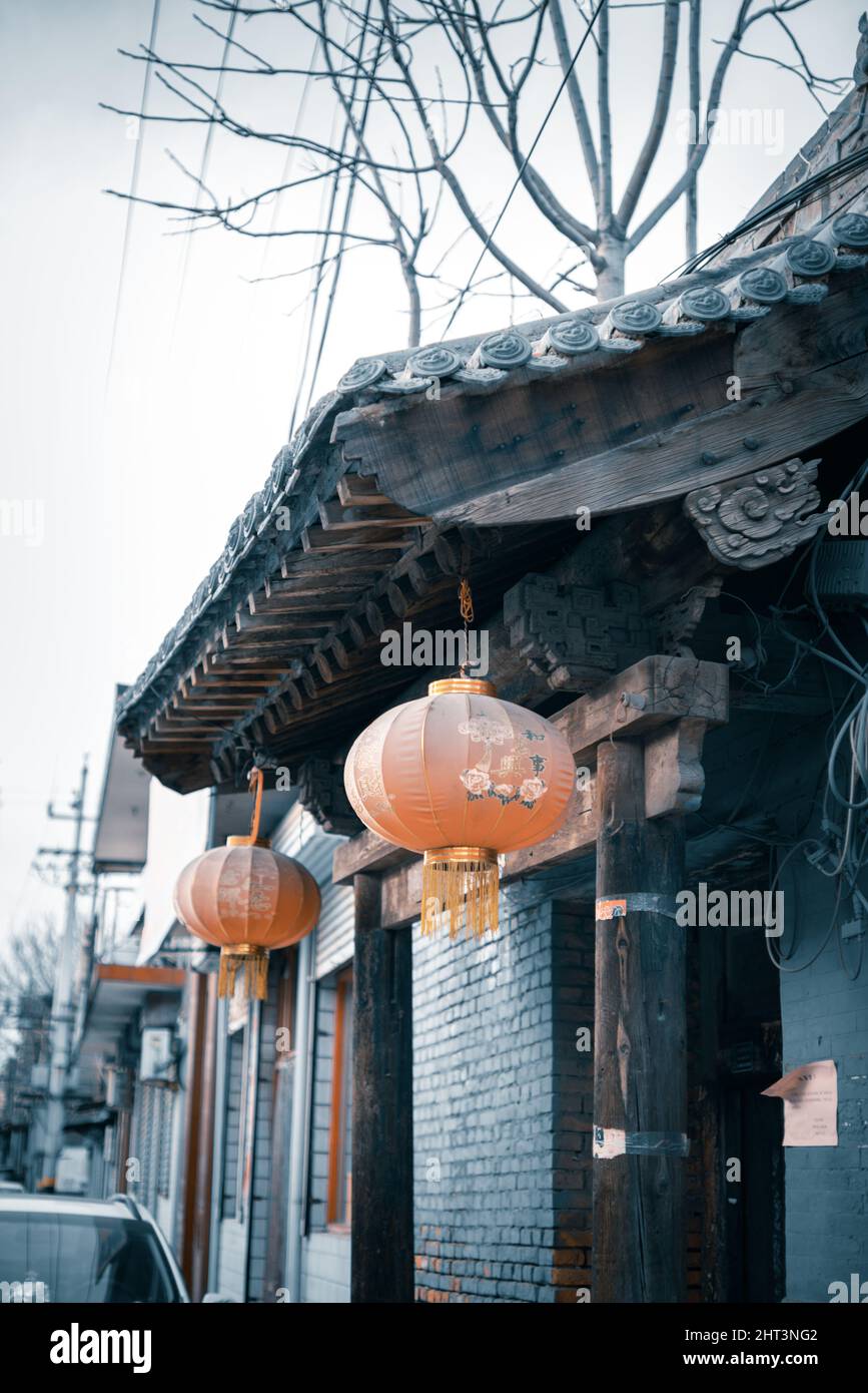 Vertical shot of beautiful Chinese building architecture with red ...