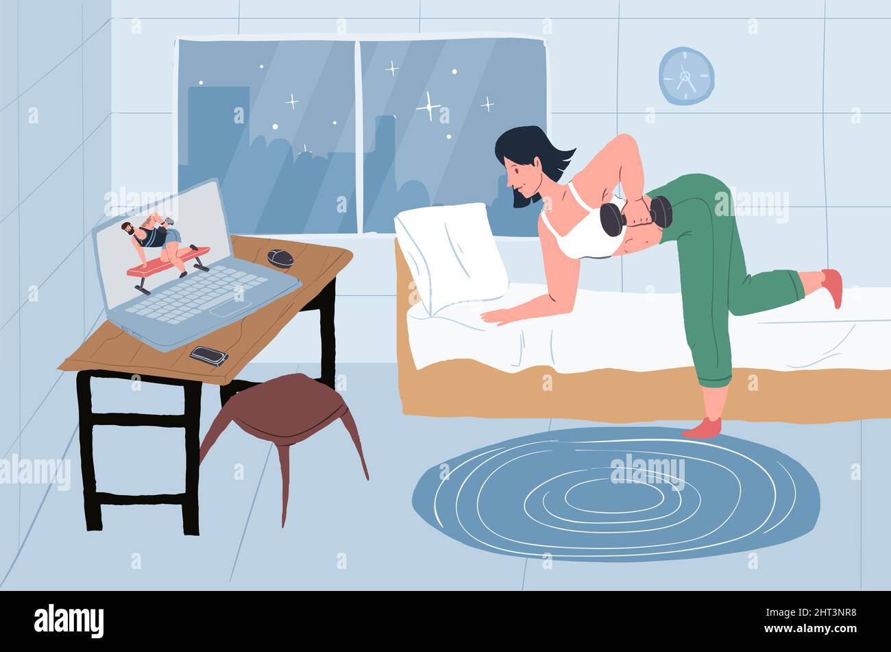 Flat cartoon woman character doing sport activities indoors,sports ...