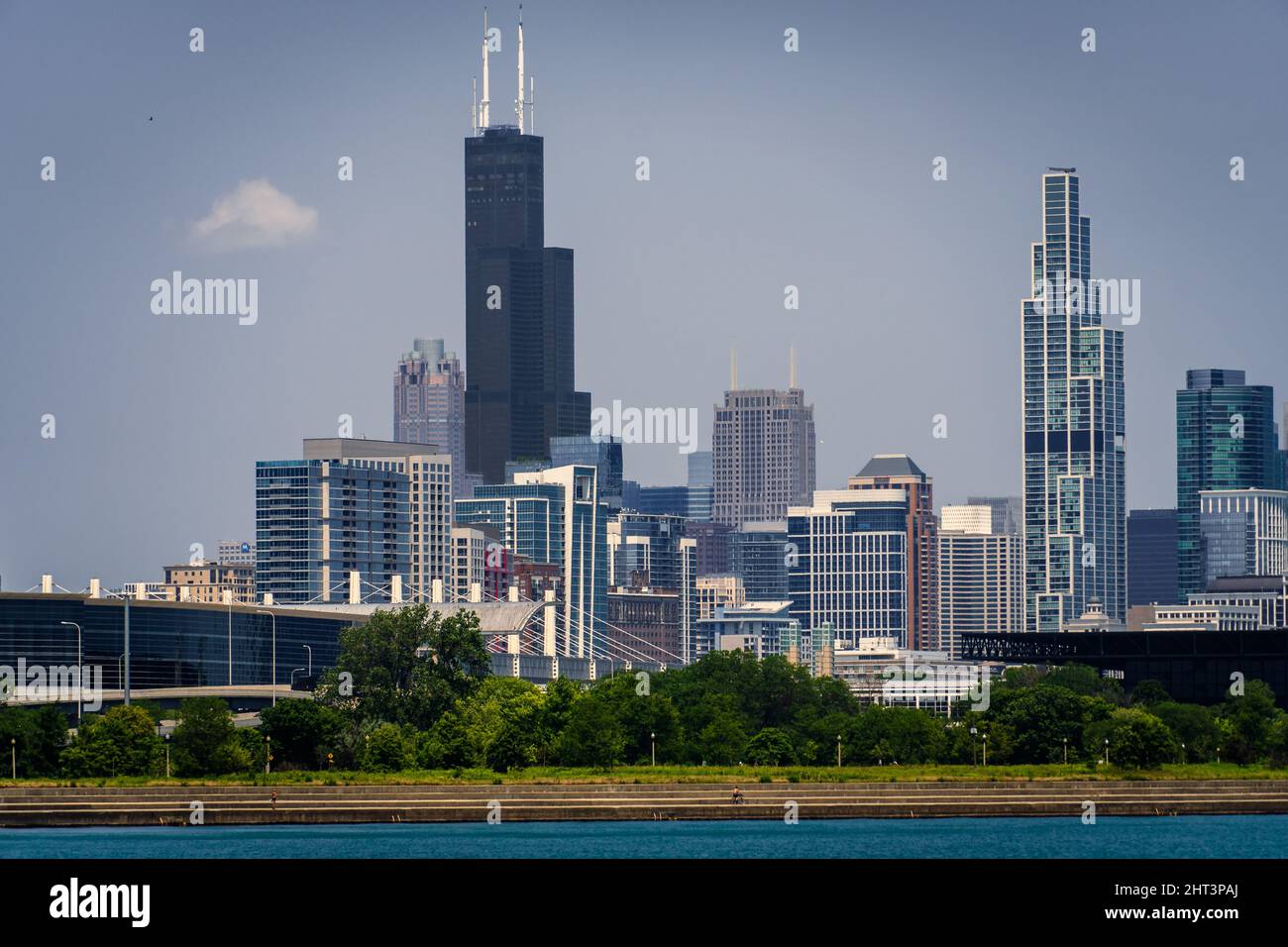 Urban scenery of modern buildings in a lakeside business district at ...