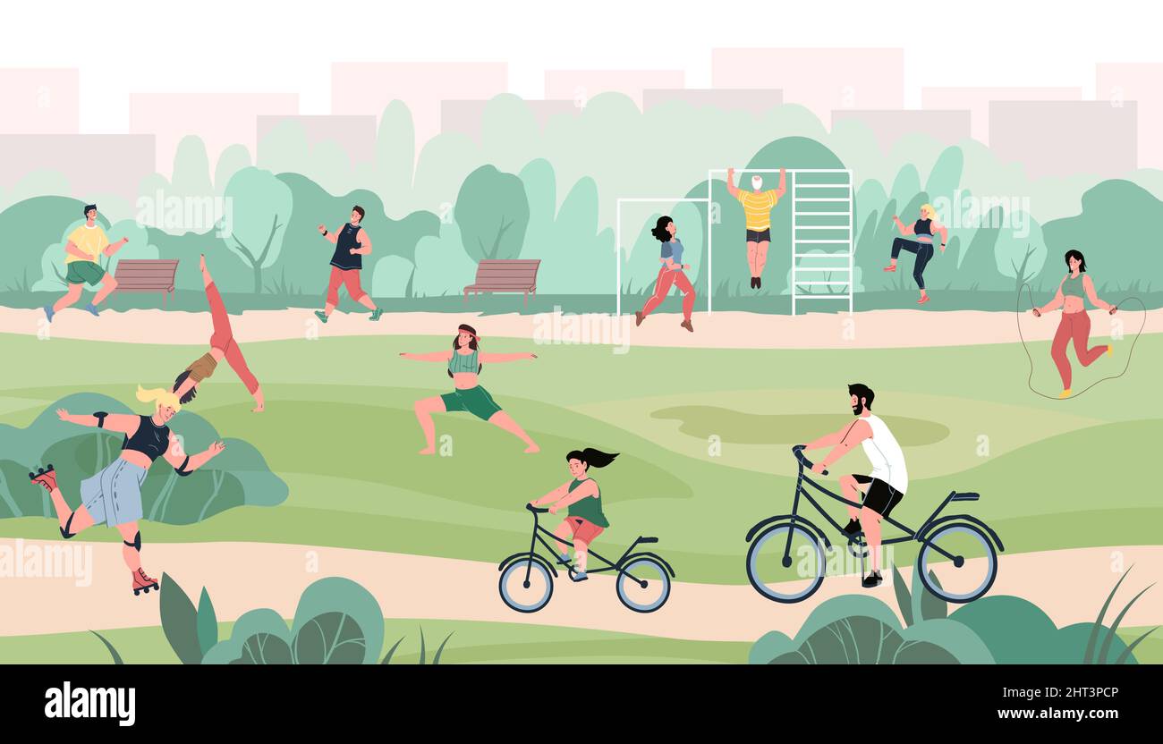 Cartoon flat characters doing various outdoor sport activities at city ...