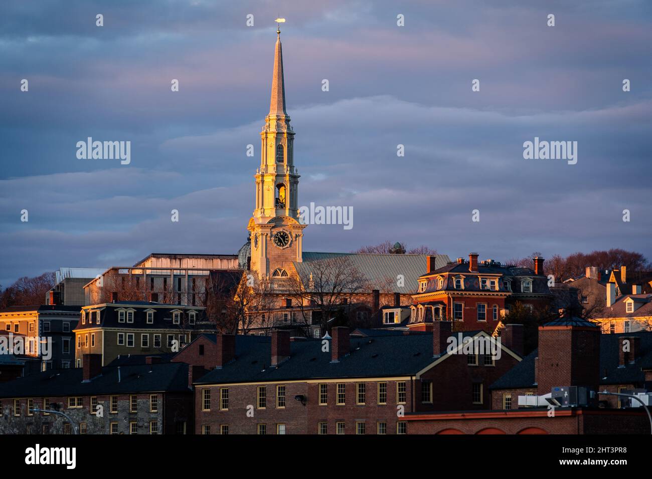 Tranquil scenery of a cathedral in a european town at sunset Stock ...