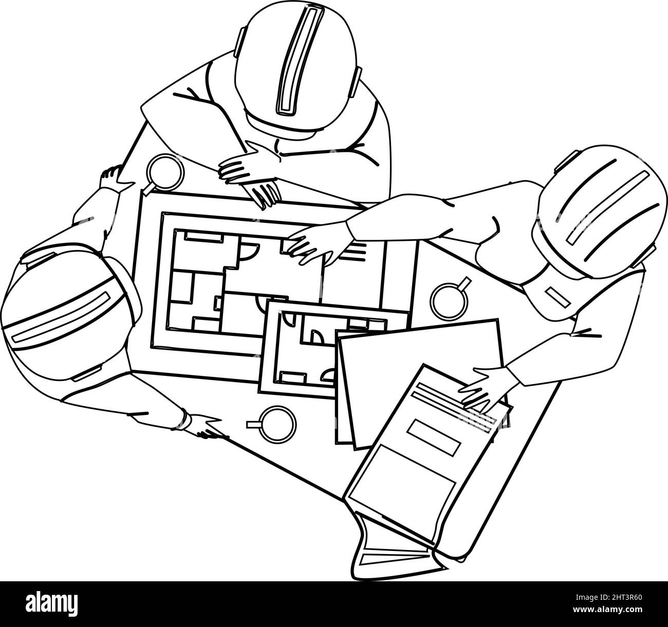 Team engineers working together blueprint Black and White Stock Photos ...