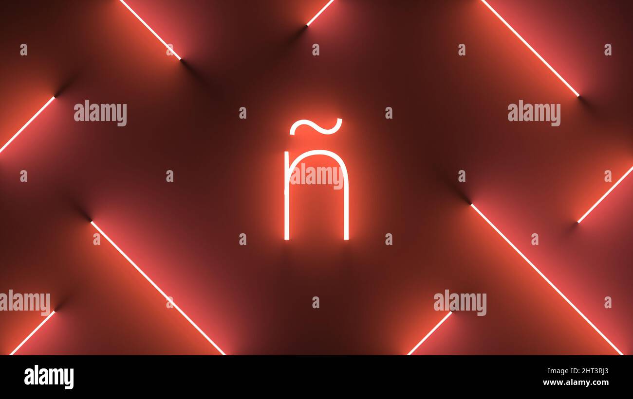 Digital render of neon red lines around an illuminated tilde sign Stock ...