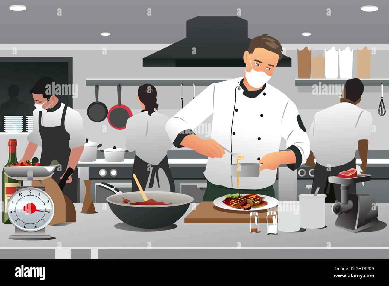 A vector illustration of Professional Chef Wearing Masks in the Kitchen ...