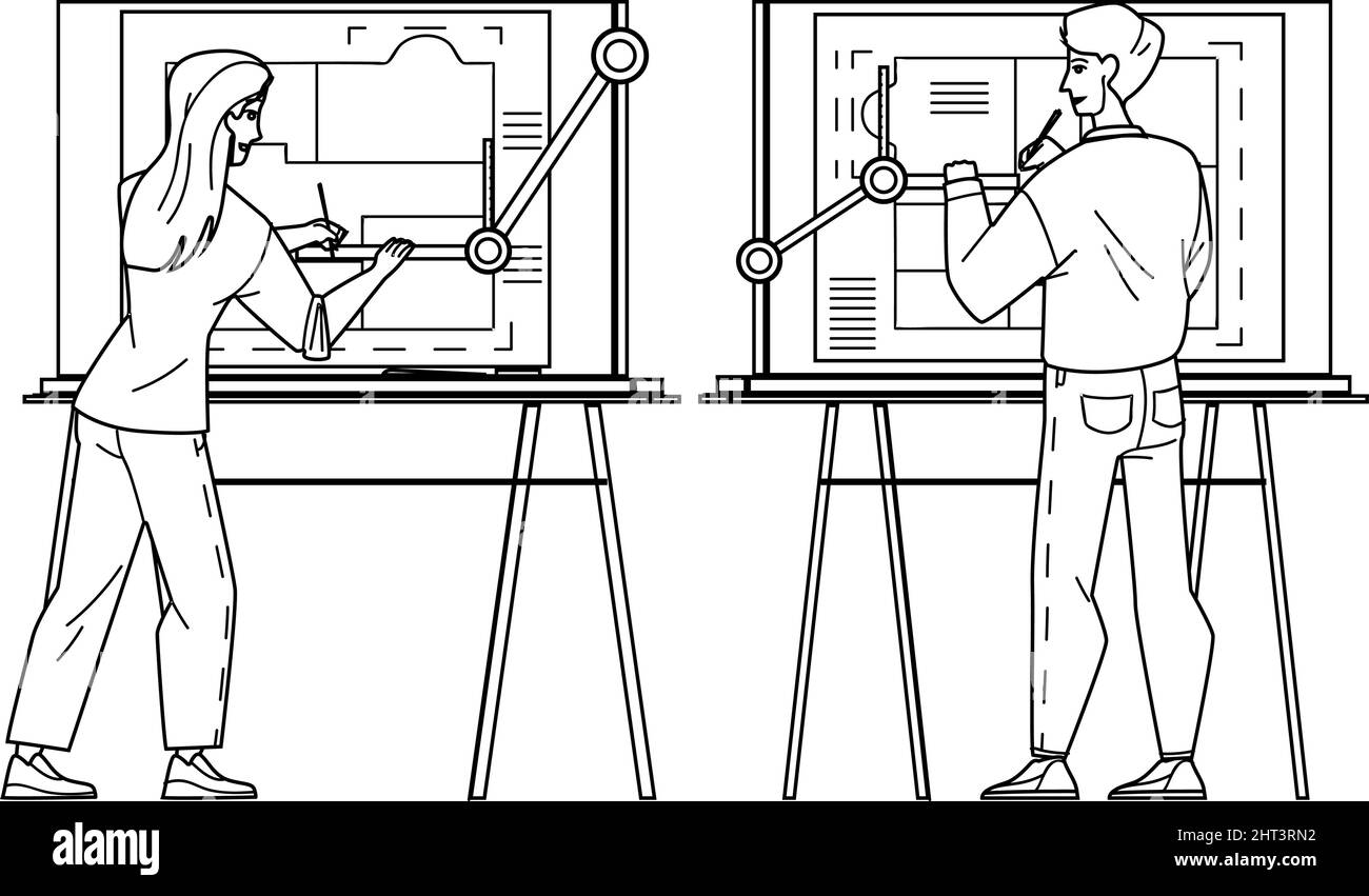 Architect Man And Woman Drawing On Board Vector Stock Vector Image ...