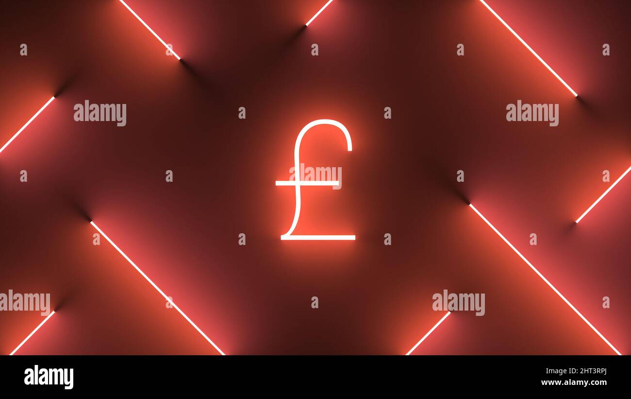 Digital render of neon red lines around an illuminated pound currency ...