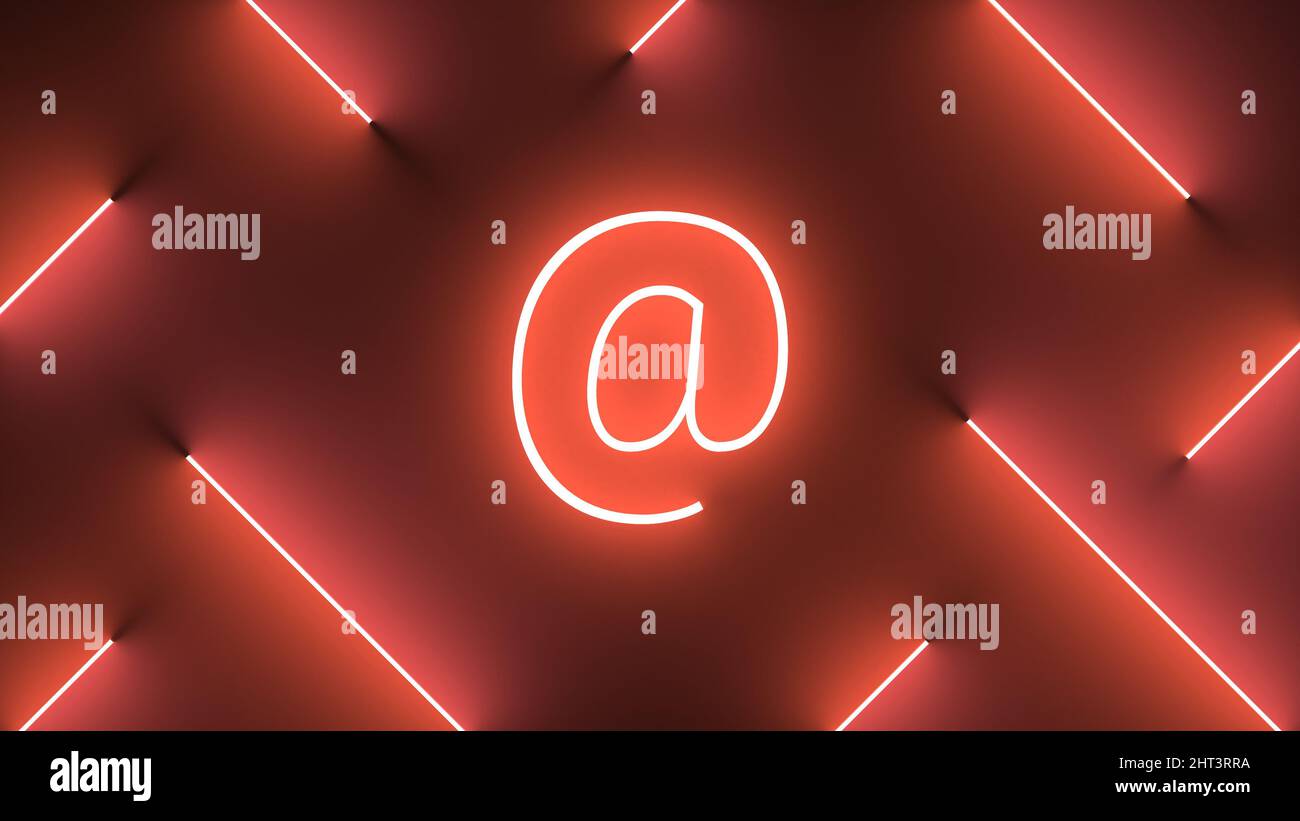 Digital render of neon red lines around an illuminated At sign Stock ...
