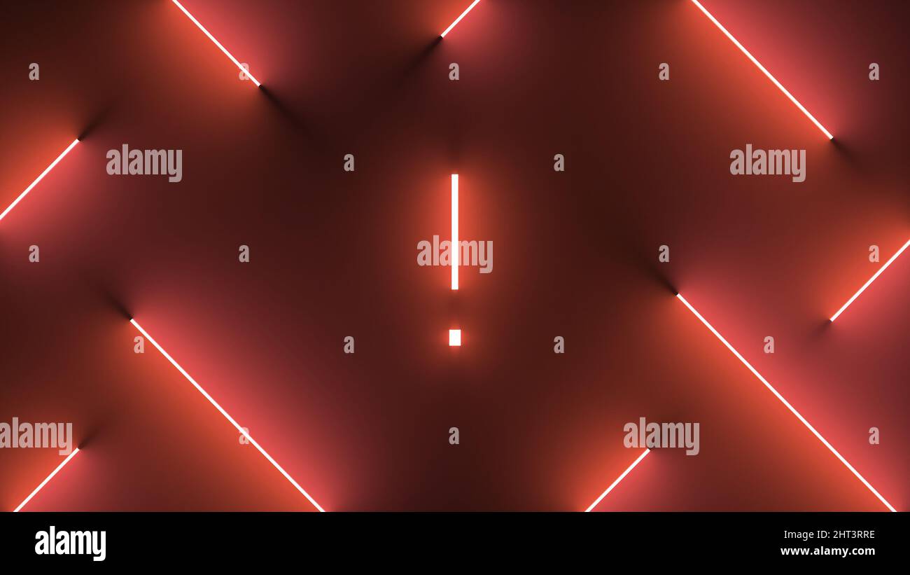Digital render of neon red lines around an illuminated exclamation ...