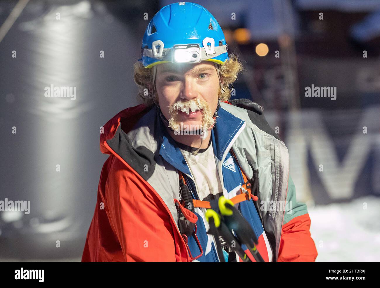 February 25, 2022: USA SKIMO national team member, Jacob Dewey, shows ...