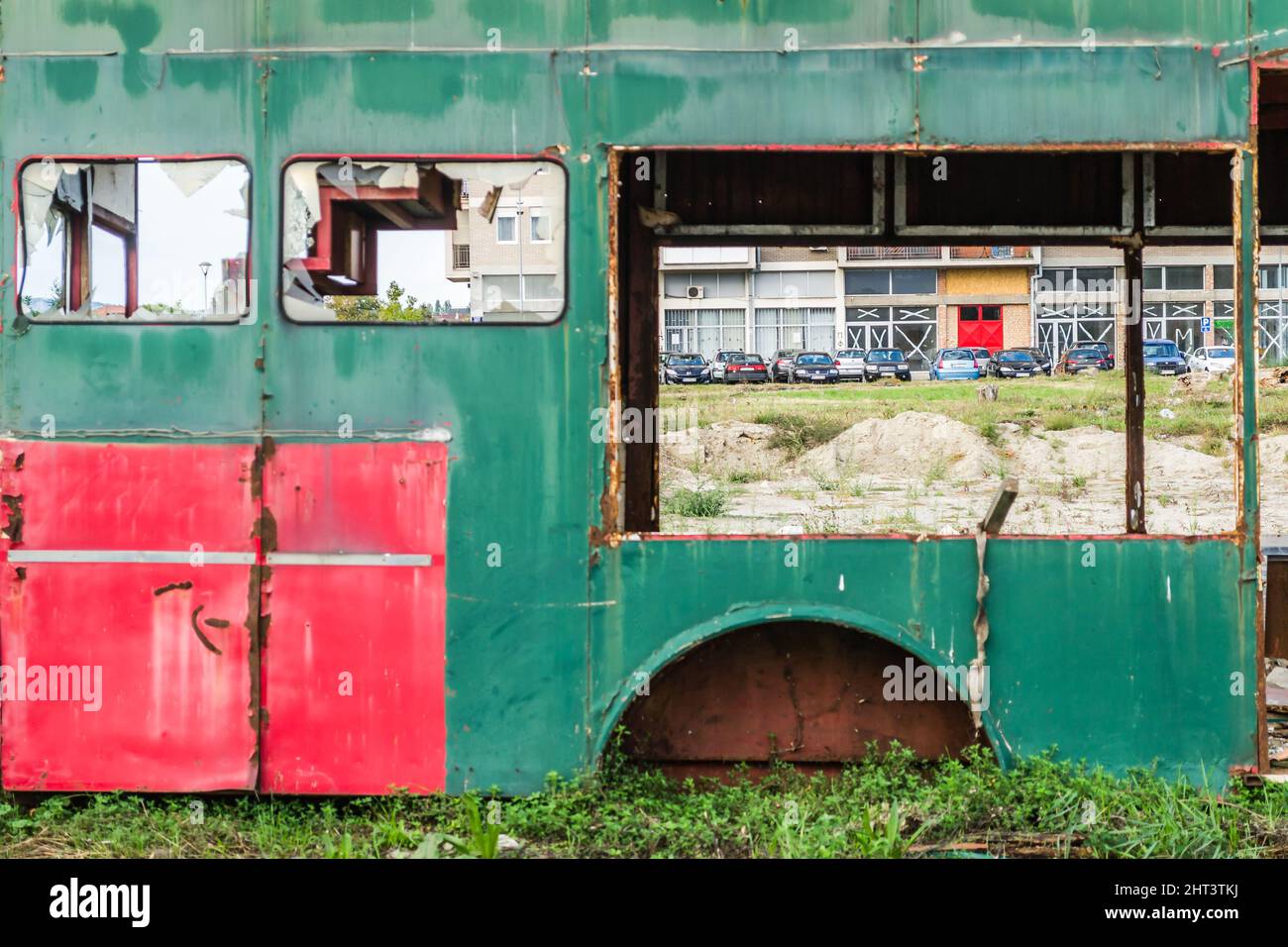 Green metal body of the old buses Stock Photo - Alamy