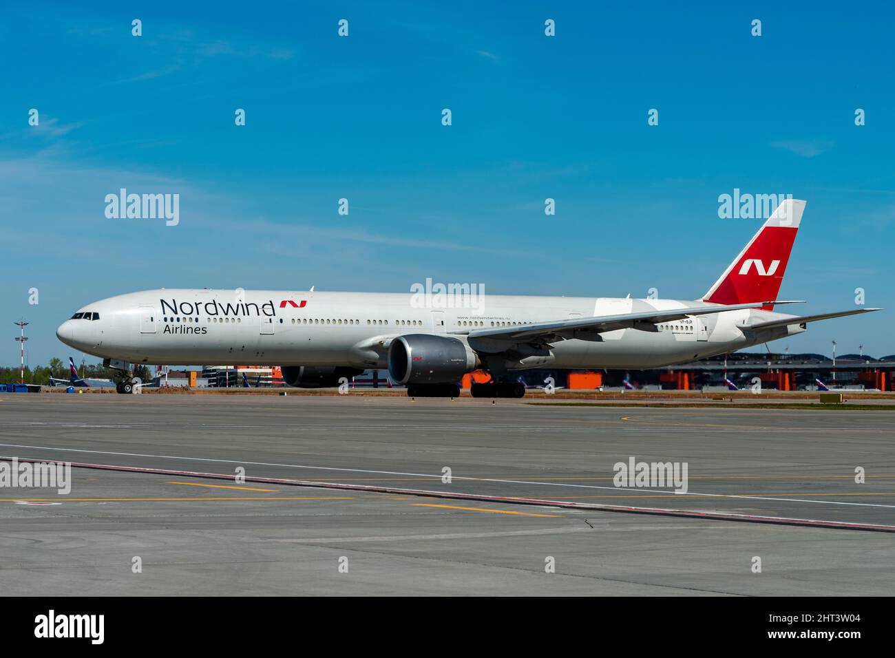 May 11, 2021, Moscow, Russia. Wide-body passenger aircraft Boeing 777 ...