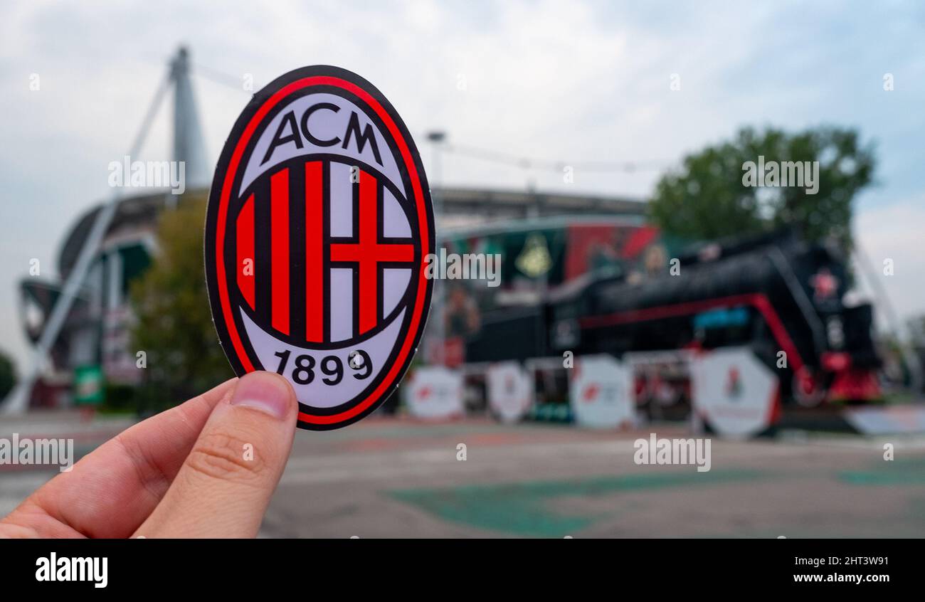 August 30, 2021, Milan, Italy. The emblem of the A.C. Milan football ...