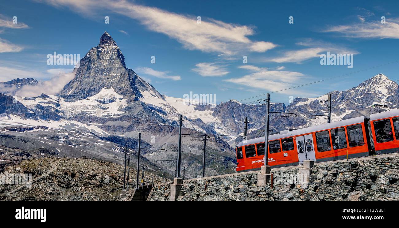 Matterhorn and a cog train in Switzerland Stock Photo - Alamy