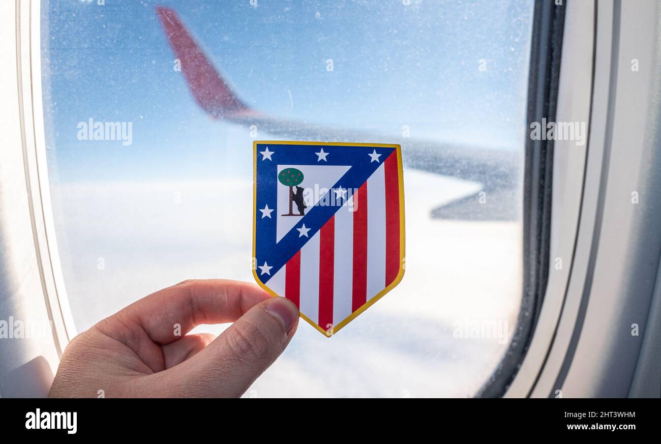 December 6, 2021. Madrid, Spain. The logo of the Atletico Madrid ...