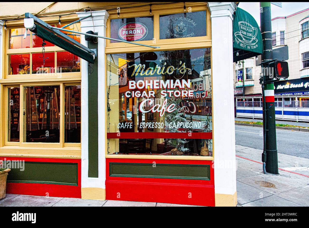 Closeup of a restaurant with an Italian street pole in North Beach ...