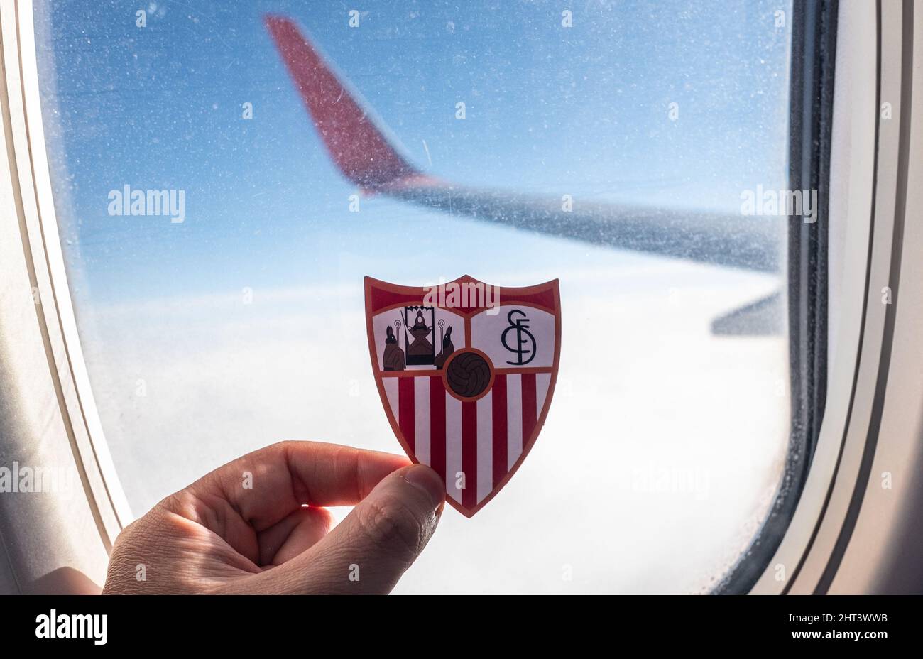 December 6, 2021. Seville, Spain. The emblem of the Sevilla FC football ...