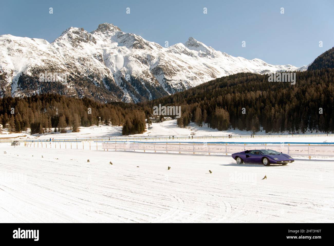 A classic vintage car on the frozen lake of St Moritz in winter Stock ...