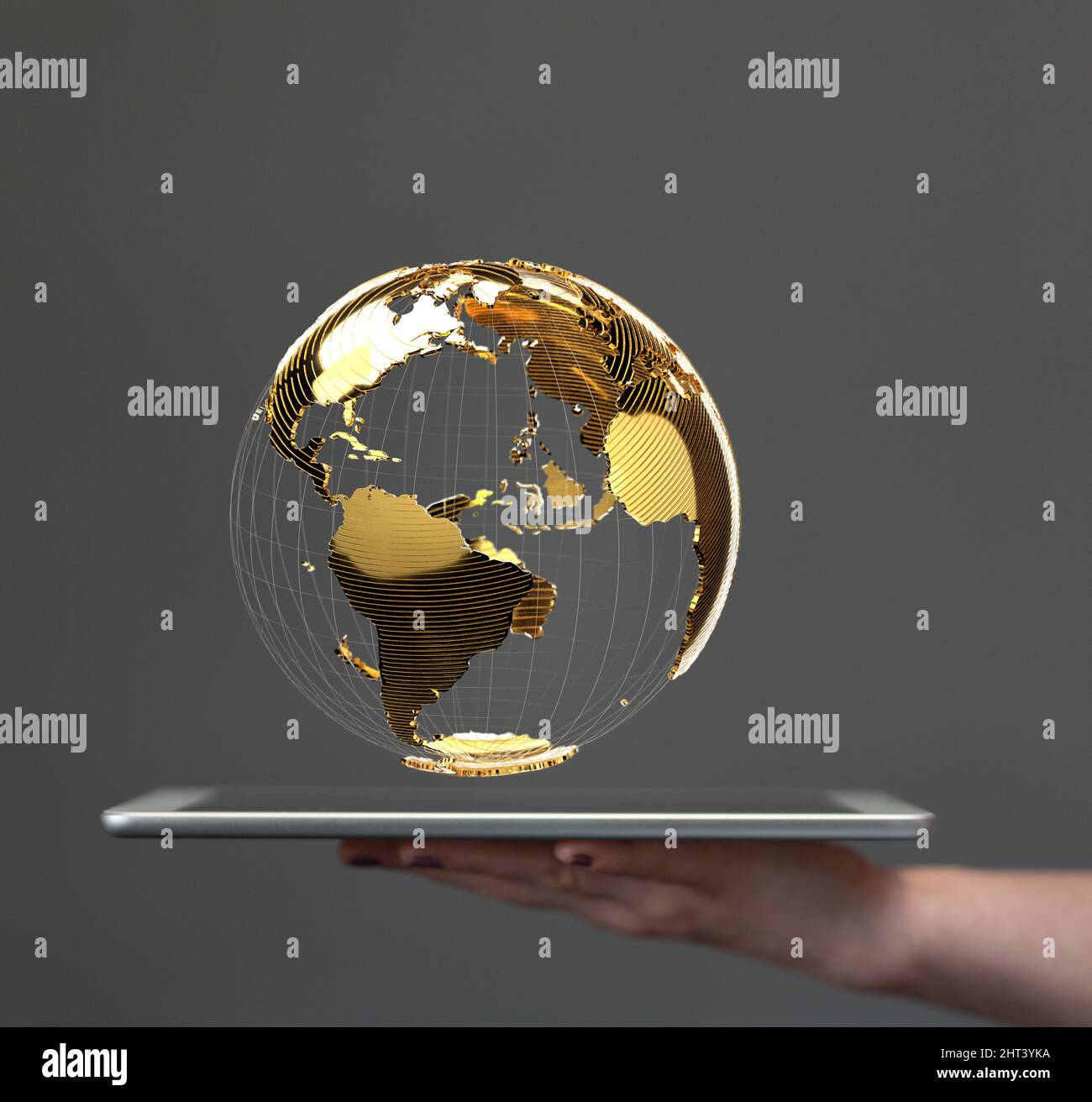 Person presenting the virtual projection of the world map with ...