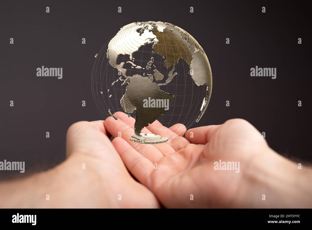 Person presenting the virtual projection of the world map with ...