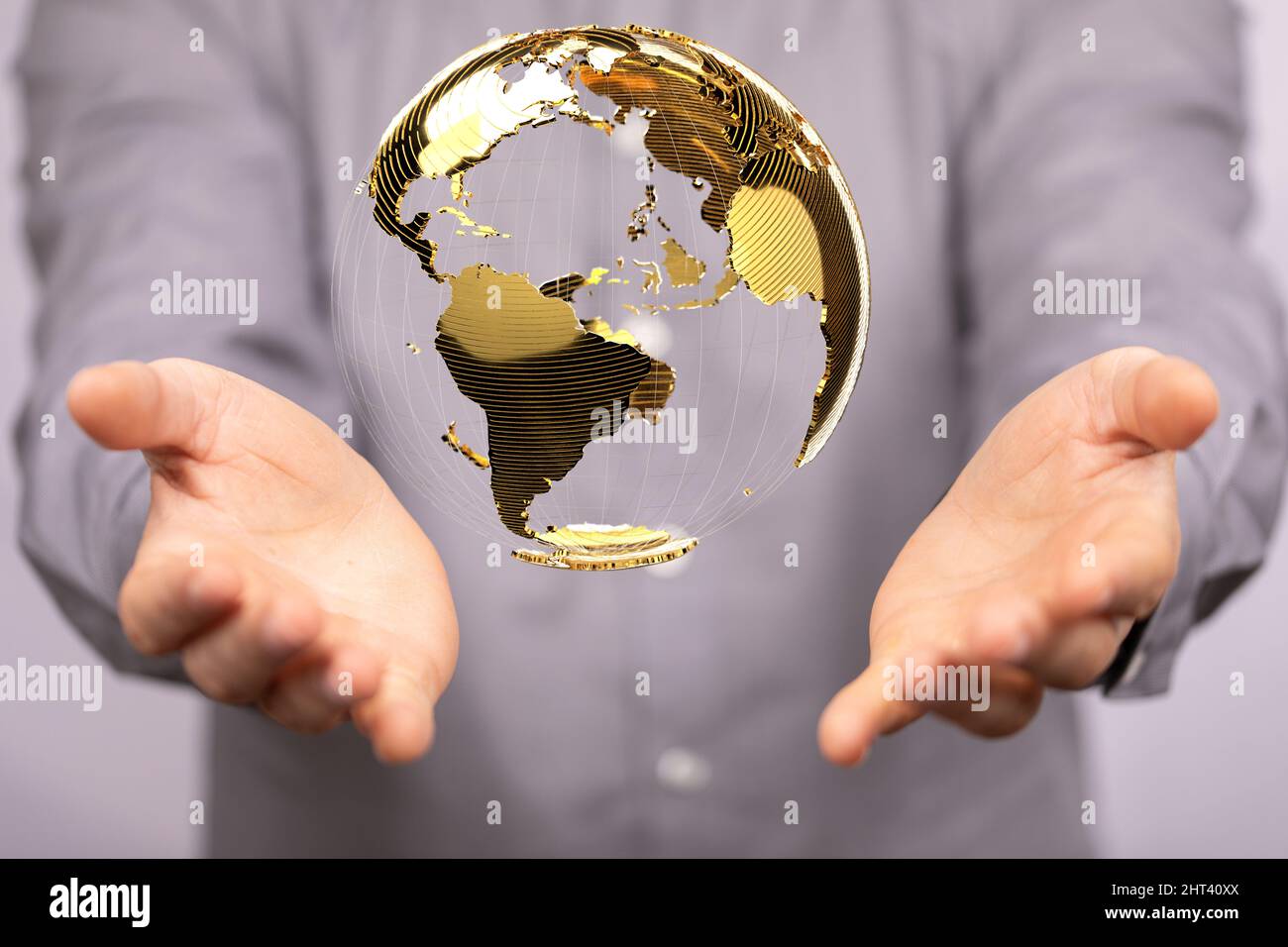 Person presenting the virtual projection of the world map with ...