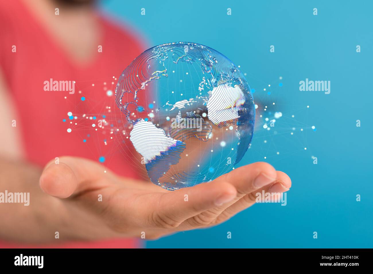 Person presenting the virtual projection of the world map with ...