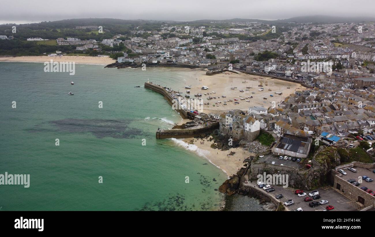 Ariel shot of St Ives harbor and beaches Stock Photo - Alamy