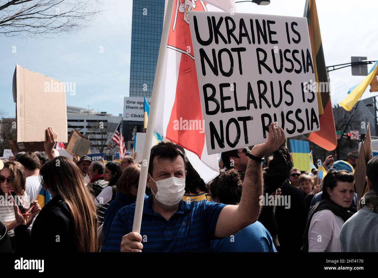 Atlanta, GA, USA. 26th Feb, 2022. A crowd of protesters in Atlanta ...